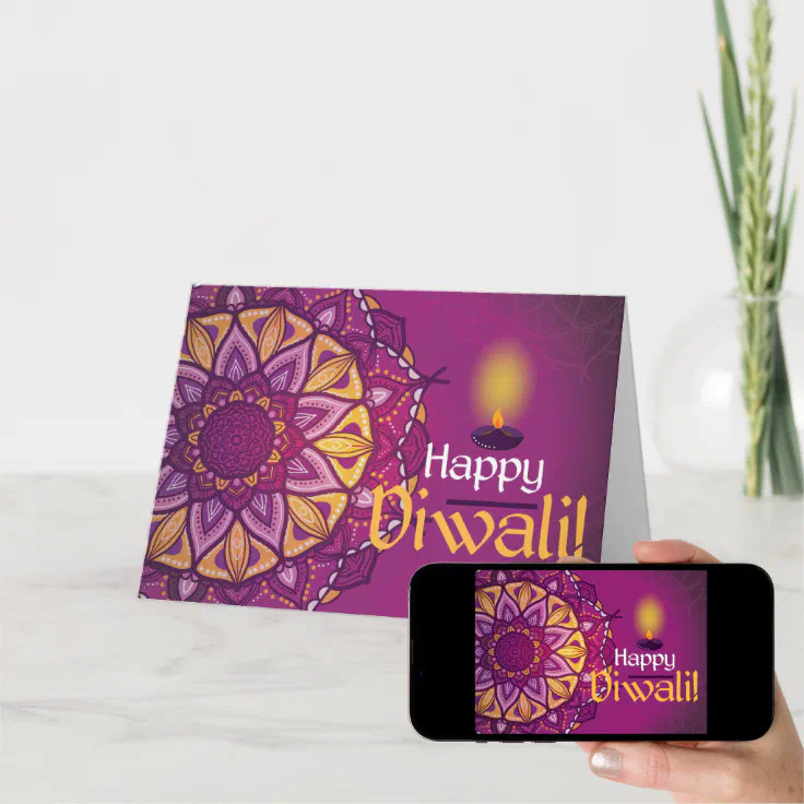 Happy diwali purple ornamental rangoli card | Zazzle
