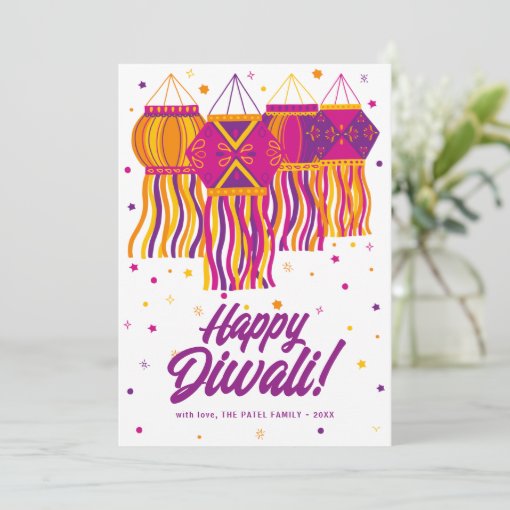 Happy Diwali Purple Pink Gold Lantern Lamp Card | Zazzle