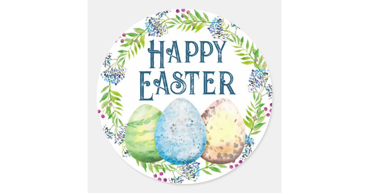 Happy Easter, 3 Eggs with Floral Classic Round Sticker | Zazzle