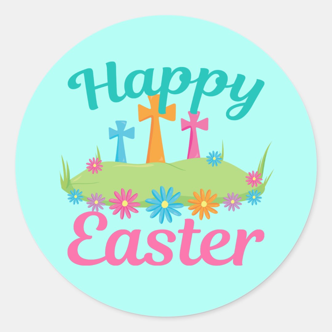 Happy Easter Beautiful Religious Flowers Crosses Classic Round Sticker ...