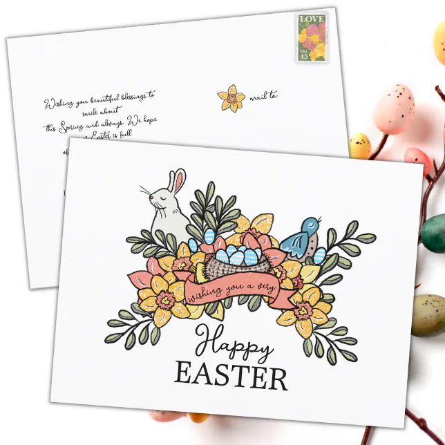 Happy Easter Birds and Bunny Holiday Postcard | Zazzle