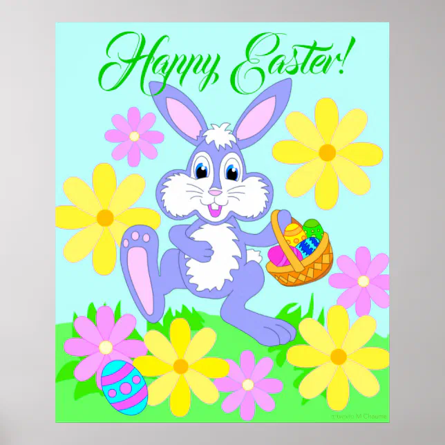Happy Easter Bunny Cute Cartoon Rabbit Flowers Poster | Zazzle