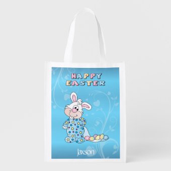 Happy Easter Bunny in Baby Blue Grocery Bag | Zazzle