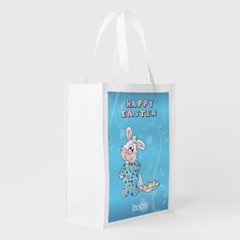 Happy Easter Bunny in Baby Blue Grocery Bag | Zazzle