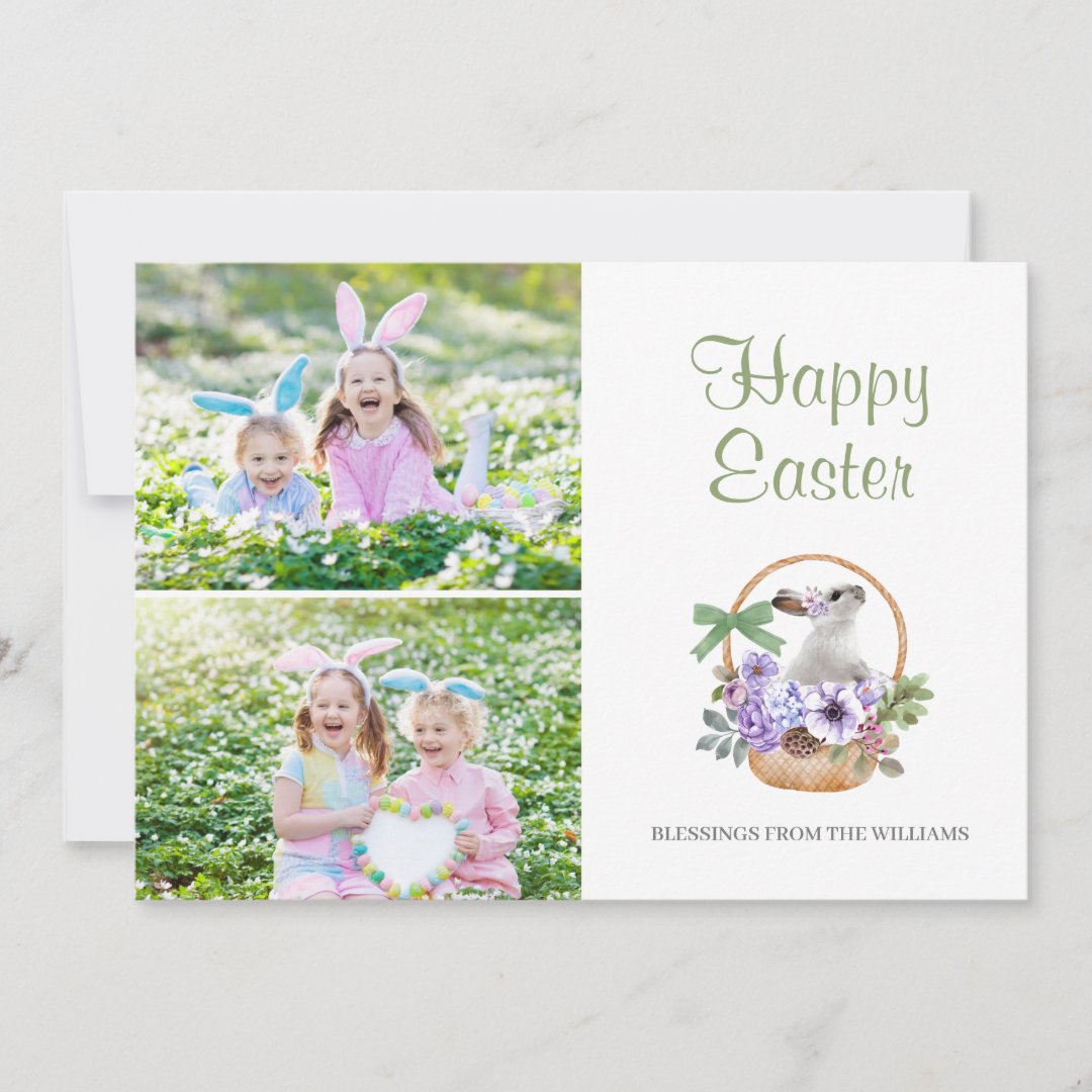 Happy Easter Bunny in Basket 2 Photo Holiday Card | Zazzle