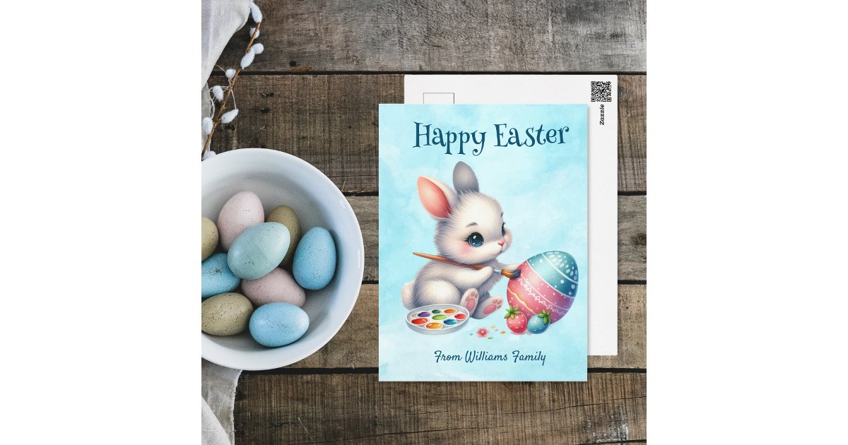 Happy Easter, Bunny Water coloring an Easter egg Holiday Postcard | Zazzle