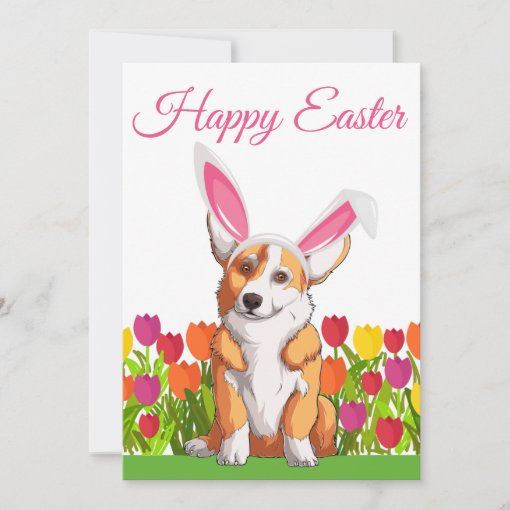 Happy Easter Cute Corgi Bunny Floral Custom Card | Zazzle