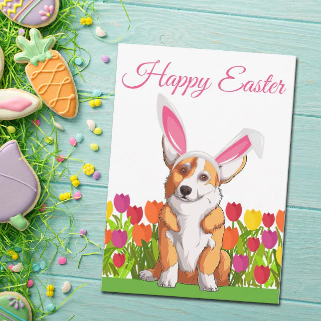Happy Easter Cute Corgi Bunny Floral Custom Card | Zazzle