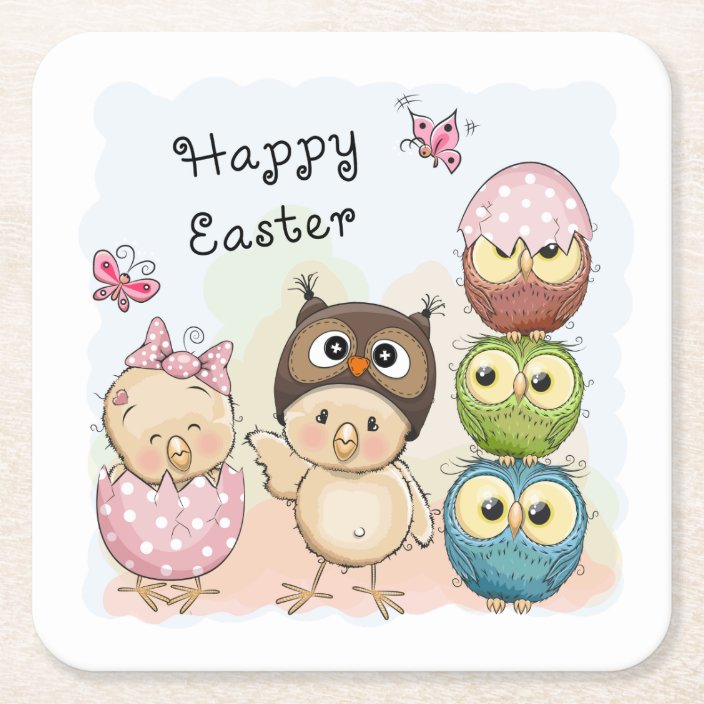 Happy Easter Cute Owl Chicks | Holidays Square Paper Coaster | Zazzle.com