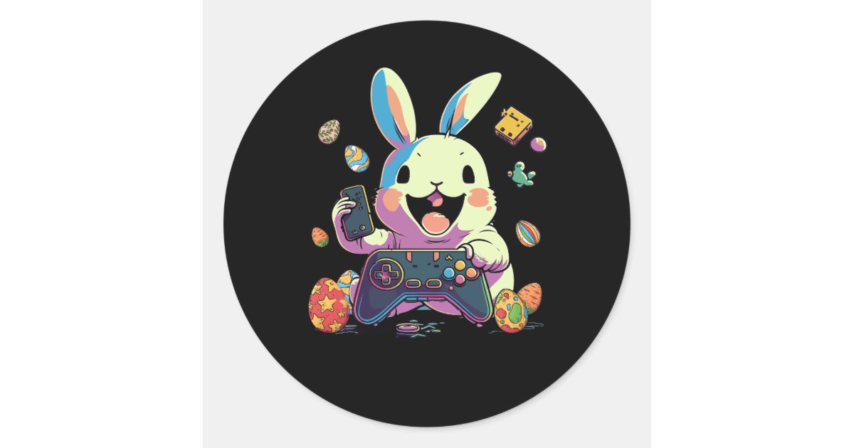 Happy Easter Day Bunny Rabbit Playing Video Game E Classic Round ...