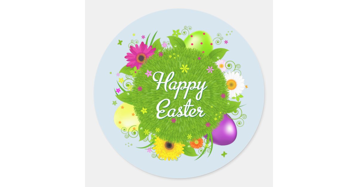 Happy Easter floral and text background Classic Round Sticker | Zazzle