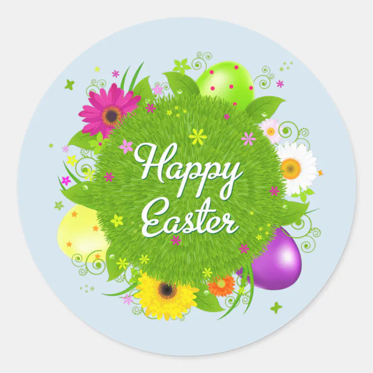 Happy Easter floral and text background Classic Round Sticker | Zazzle