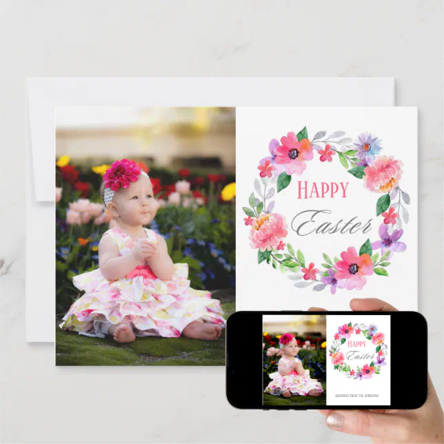 Happy Easter Floral Wreath Spring Photo Holiday Card | Zazzle
