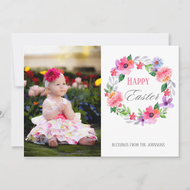 Happy Easter Floral Wreath Spring Photo Holiday Card | Zazzle