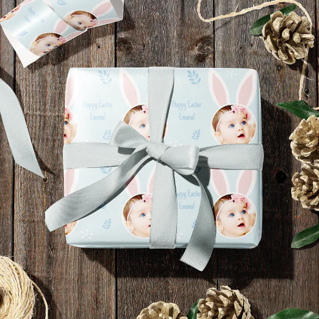 Happy Easter Kid Photo with Bunny Ears Wrapping Paper | Zazzle