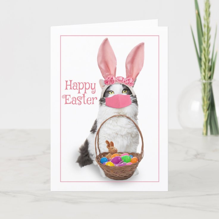 Happy Easter Kitty With Basket Wearing Mask Holiday Card | Zazzle