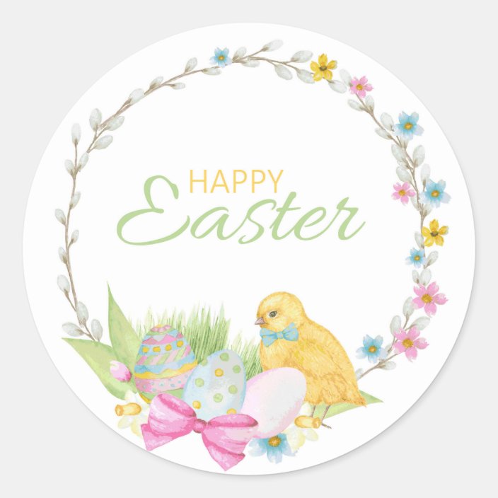 Happy Easter Modern Chick Eggs Floral Wreath Classic Round Sticker ...
