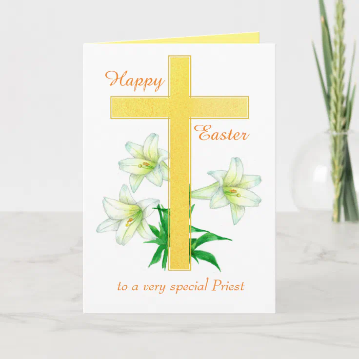 Happy Easter Priest Cross White Lily Flowers Card | Zazzle