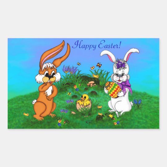 Happy Easter! Rabbit with Bunny and Chick Rectangular Sticker | Zazzle.com