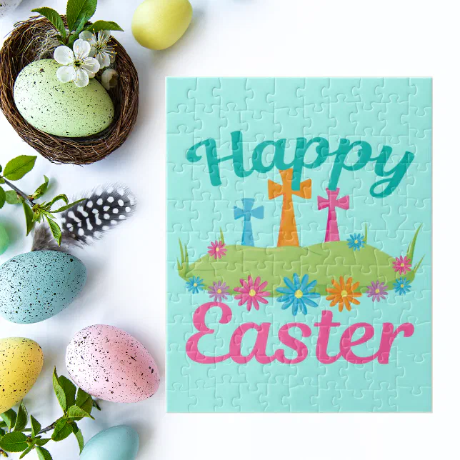 Happy Easter Religious Floral Crosses Christian Jigsaw Puzzle | Zazzle