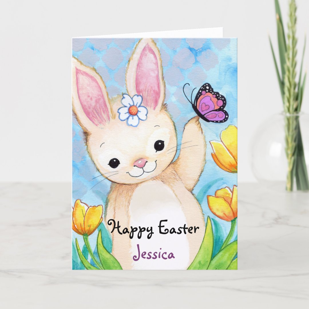 Happy Easter Spring Bunny Butterfly and Tulips Holiday Card | Zazzle
