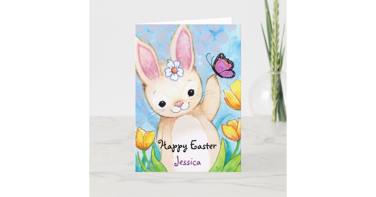 Happy Easter Spring Bunny Butterfly and Tulips Holiday Card | Zazzle