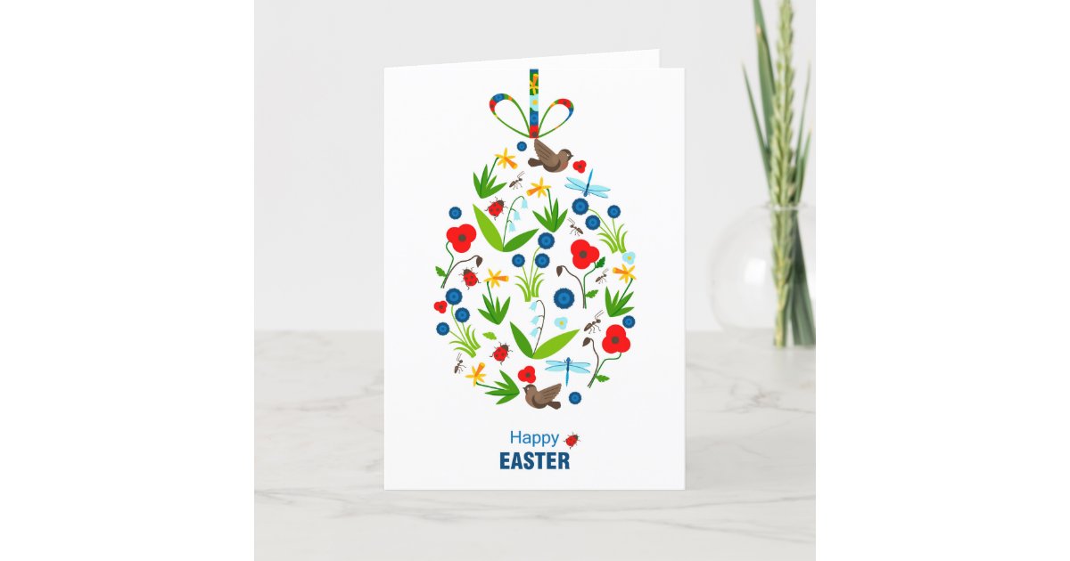 Happy Easter Spring Poppies Flowers Ladybugs Birds Holiday Card | Zazzle