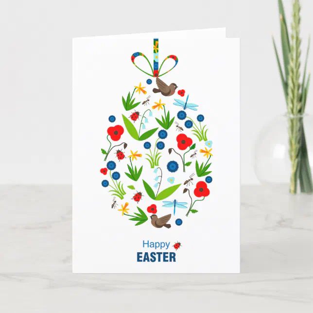 Happy Easter Spring Poppies Flowers Ladybugs Birds Holiday Card | Zazzle