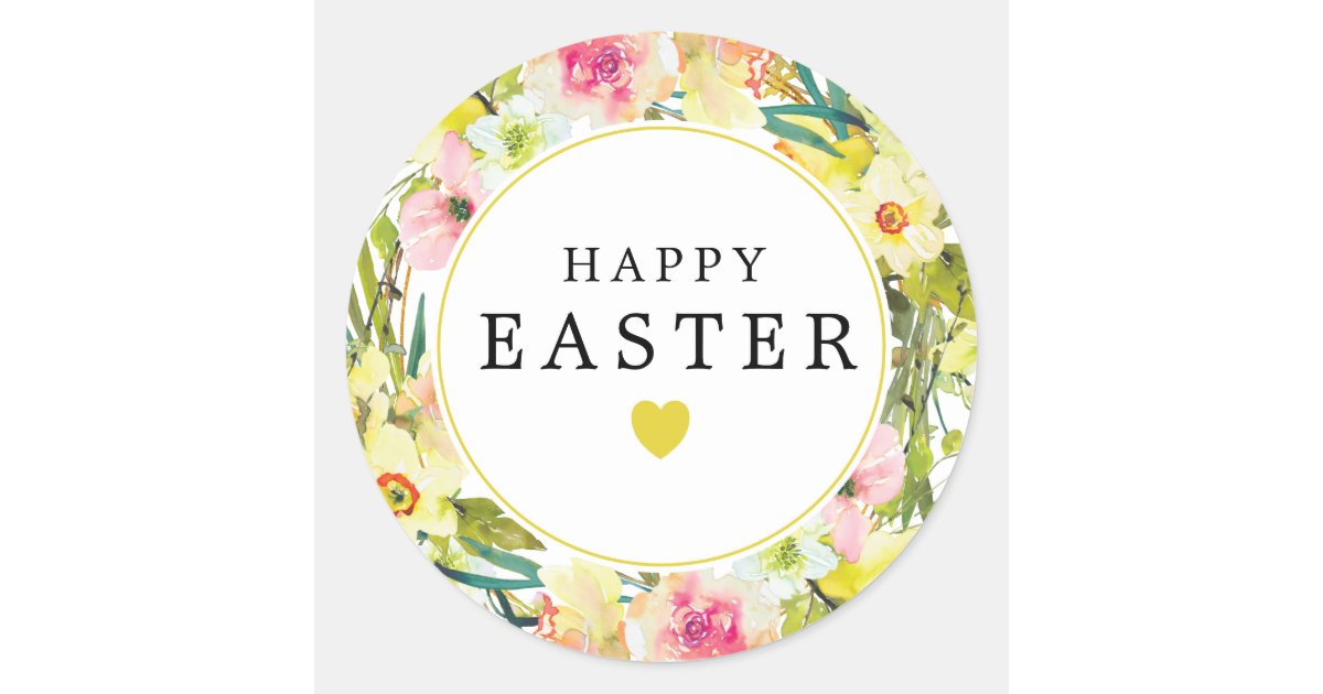 Happy Easter Yellow Daffodil Heart Classic Round Sticker | Zazzle