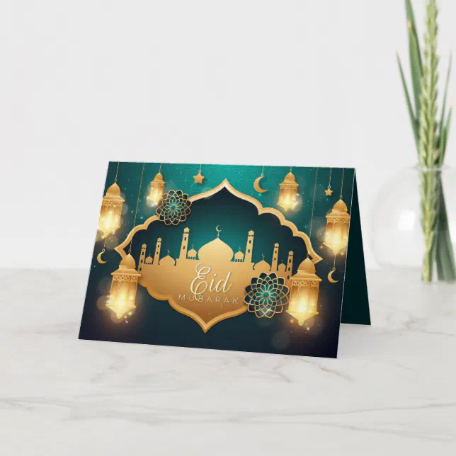 Happy Eid Gold Cresent Star Islamic Lantern Floral Holiday Card | Zazzle