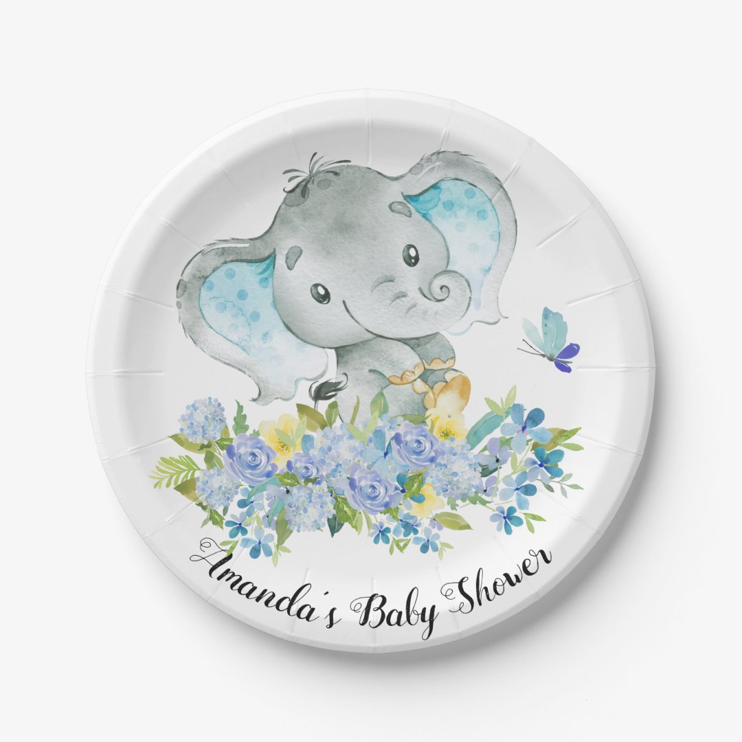 Happy Elephant Boys Baby Shower 7" Plate | Zazzle