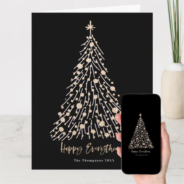 Happy Everything Script Golden Christmas tree Card | Zazzle