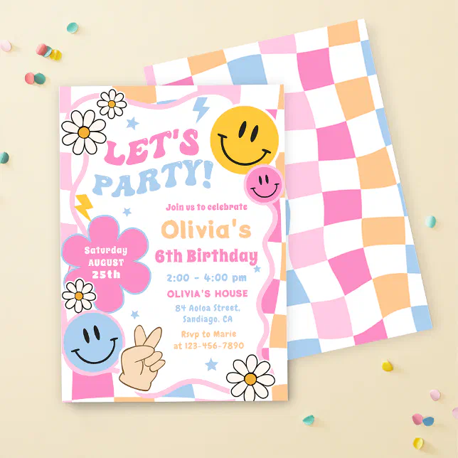 Happy Face Smile Groovy Checkered Birthday Party Invitation | Zazzle