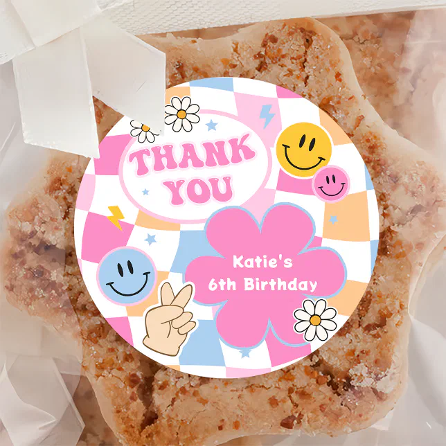 Happy Face Smile Groovy Checkered Birthday Sticker | Zazzle
