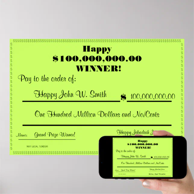 Happy Fake Lottery Check Huge Poster | Zazzle