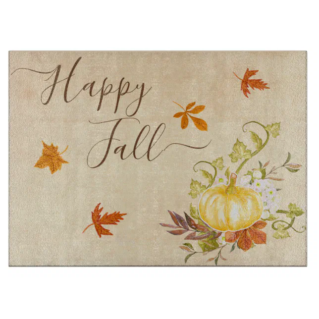 Happy Fall | Autumn Leaves and Pumpkin Cutting Board | Zazzle