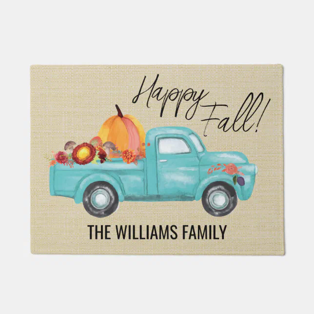 Happy Fall Blue Truck Family Name Pumpkins Doormat | Zazzle