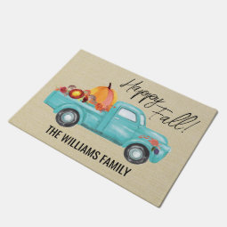 Happy Fall Blue Truck Family Name Pumpkins Doormat | Zazzle