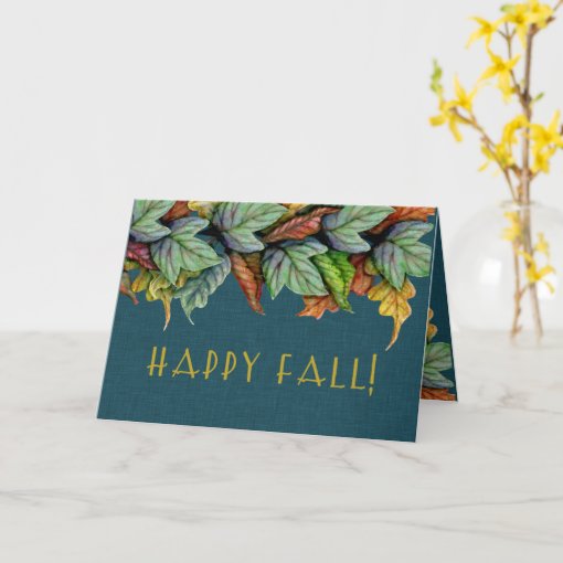 Happy Fall!, Fall Leaves on Dark Teal Linen Look Card | Zazzle