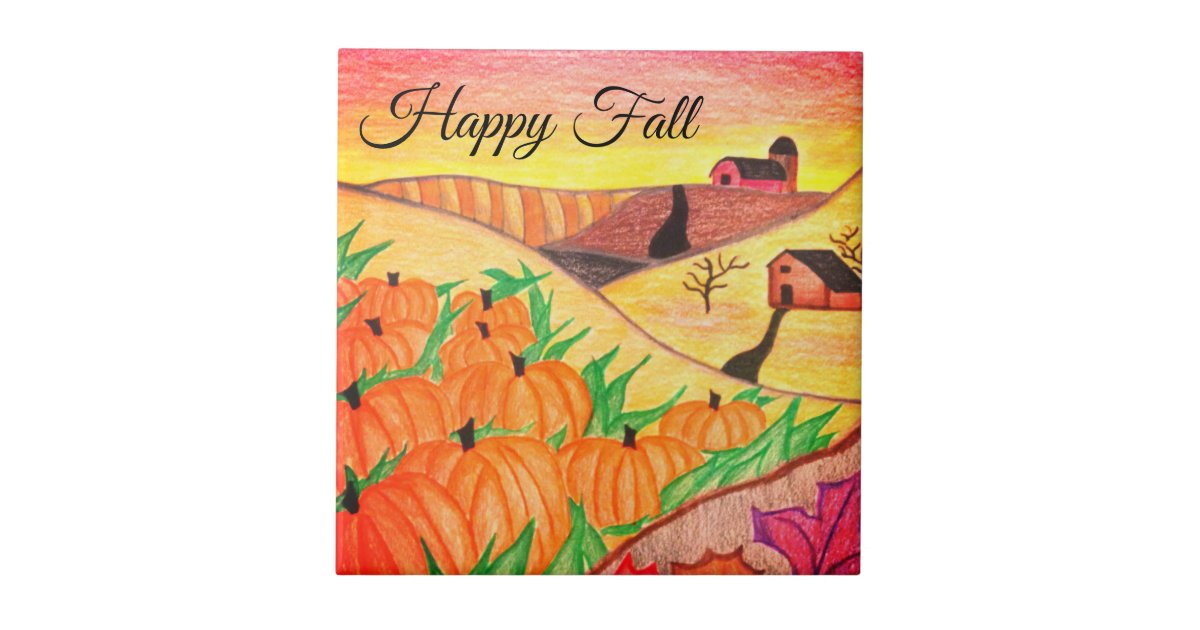Happy Fall Harvest Folk Art Tile | Zazzle