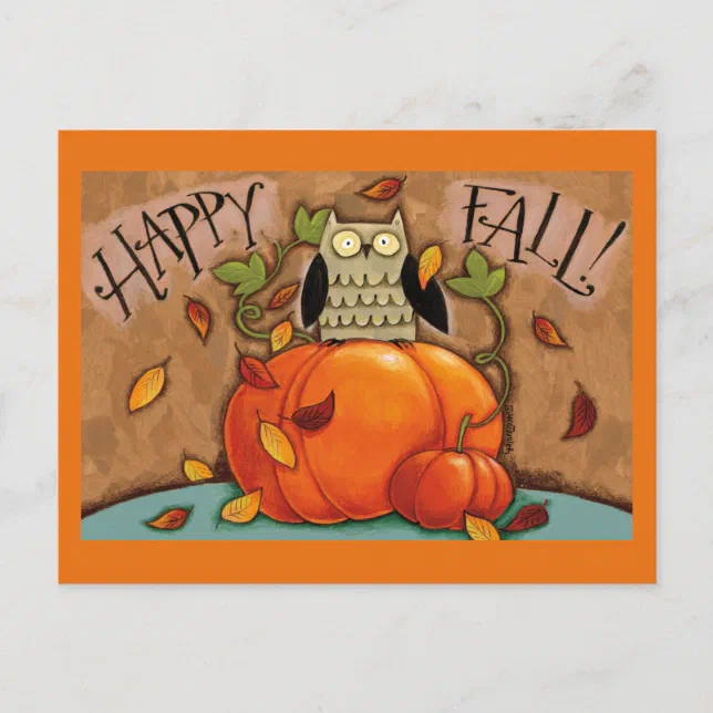 Happy Fall Owl and Pumpkin Postcard | Zazzle