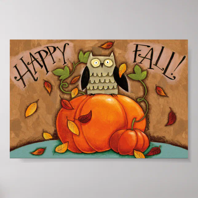 Happy Fall Owl and Pumpkin Poster | Zazzle