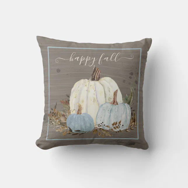Happy Fall Script Blue White Pumpkin Rustic Leaves Throw Pillow | Zazzle