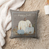 Happy Fall Script Blue White Pumpkin Rustic Leaves Throw Pillow | Zazzle