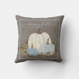 Happy Fall Script Blue White Pumpkin Rustic Leaves Throw Pillow | Zazzle