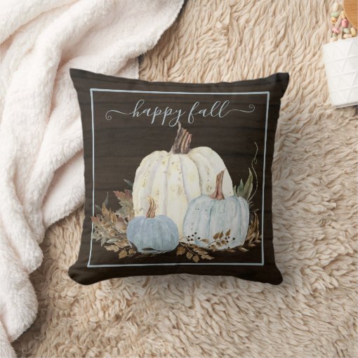 Happy Fall Script Blue White Pumpkins Rustic Wood Throw Pillow | Zazzle