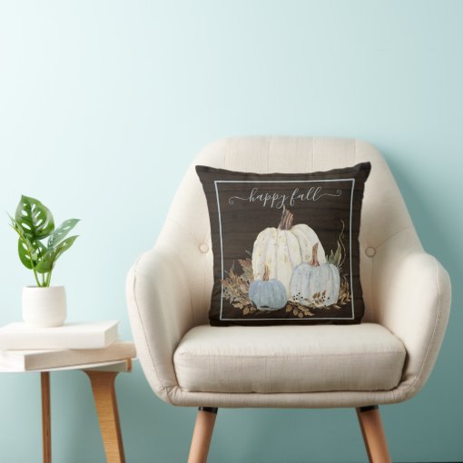 Happy Fall Script Blue White Pumpkins Rustic Wood Throw Pillow | Zazzle