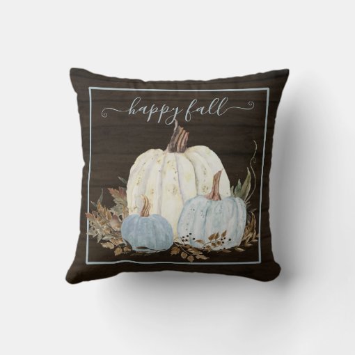 Happy Fall Script Blue White Pumpkins Rustic Wood Throw Pillow | Zazzle