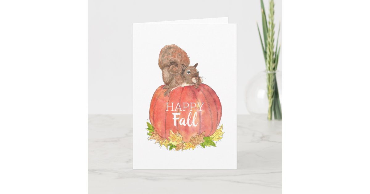 Happy Fall Squirrel on Pumpkin Card | Zazzle