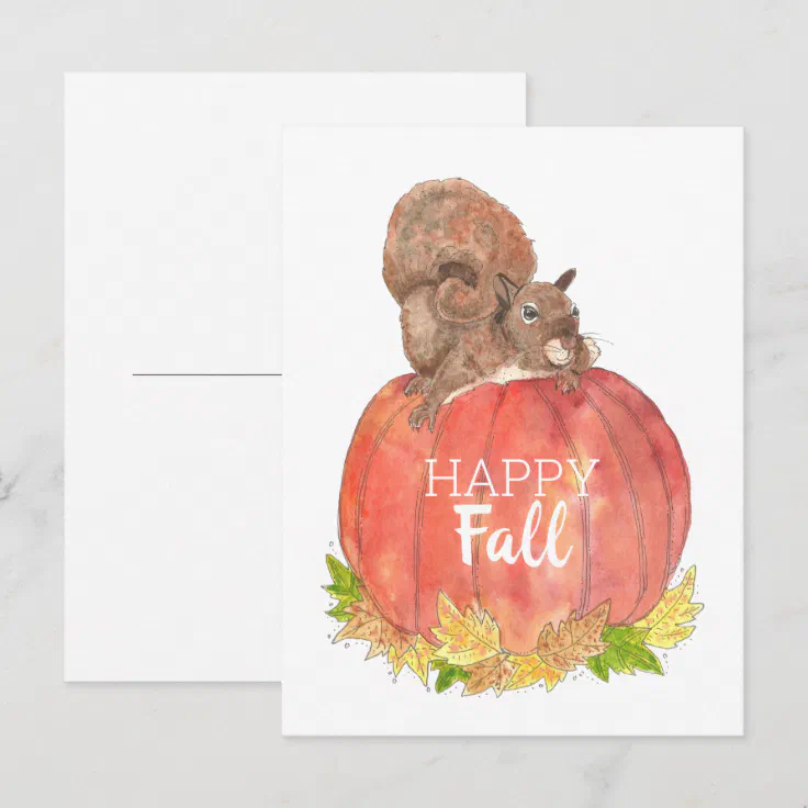 Happy Fall Squirrel on Pumpkin Postcard | Zazzle
